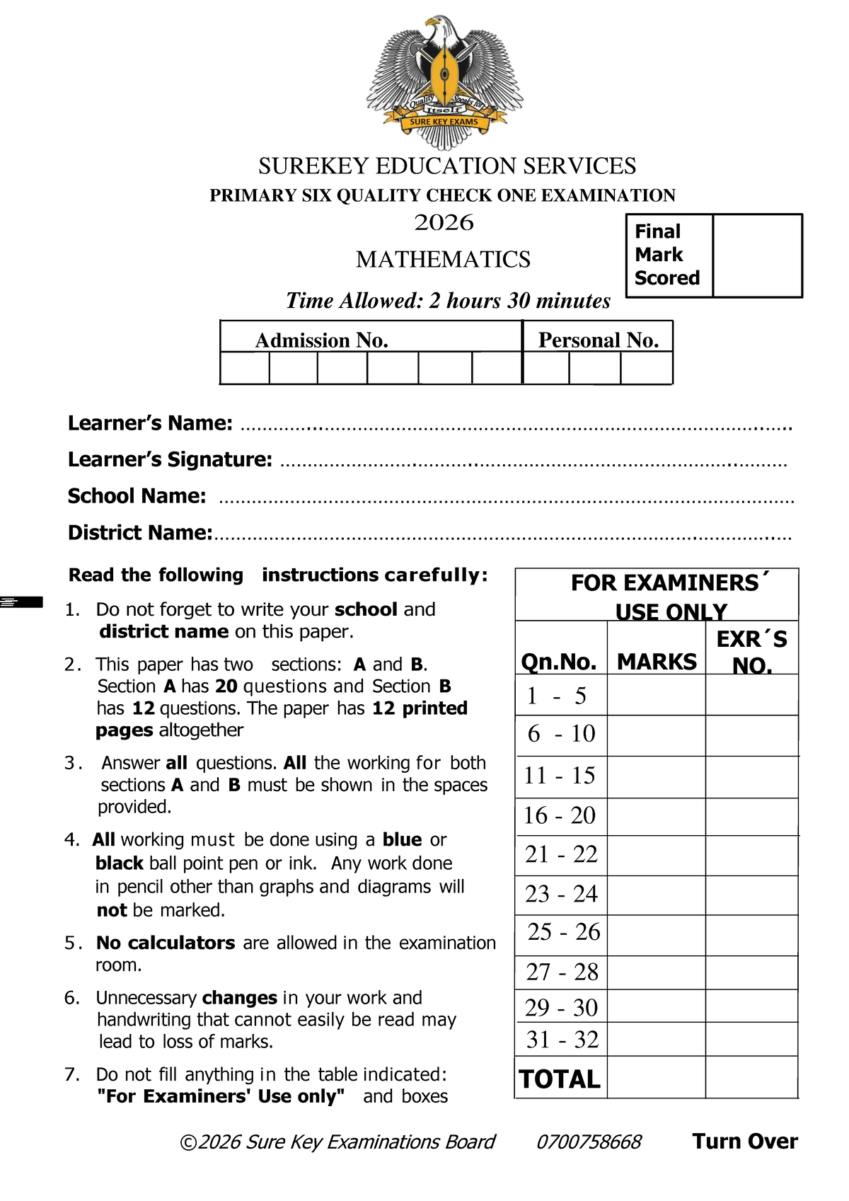 SURE KEY P.6 2026 MTC Quality Check ONE Exam Paper - Studocu