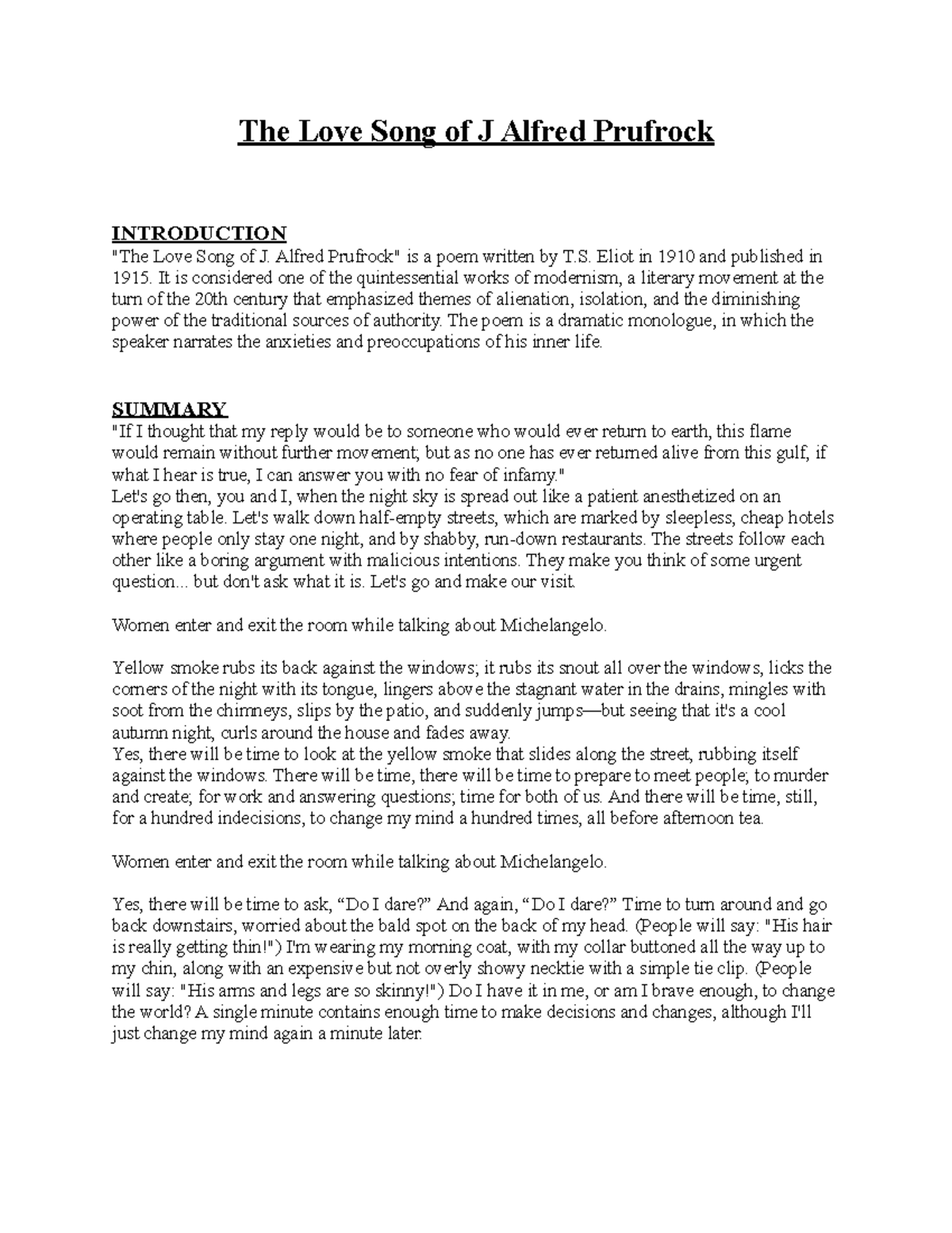 The Love Song of J Alfred Prufrock - The Love Song of J Alfred Prufrock ...