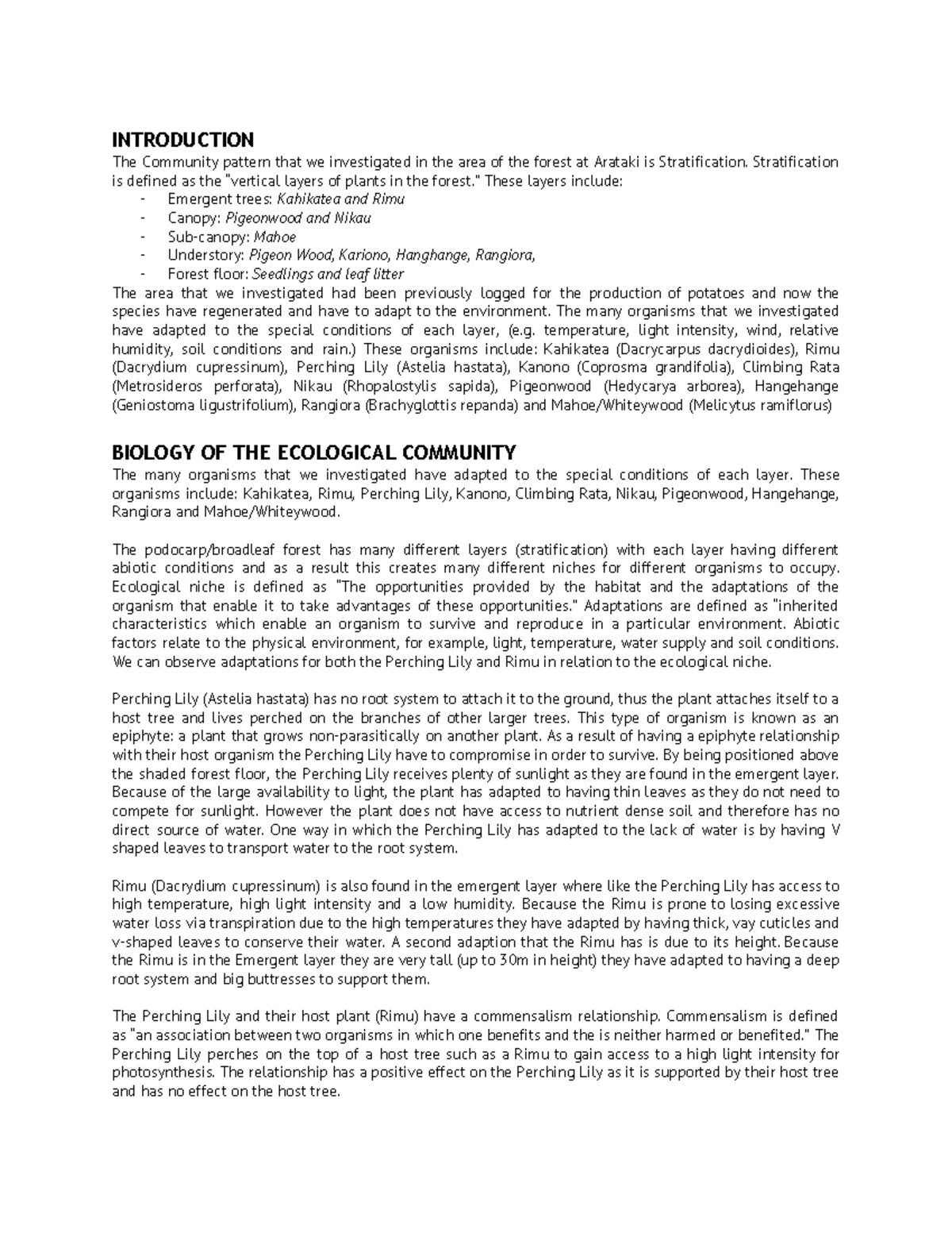 Ecology - INTRODUCTION The Community pattern that we investigated in ...
