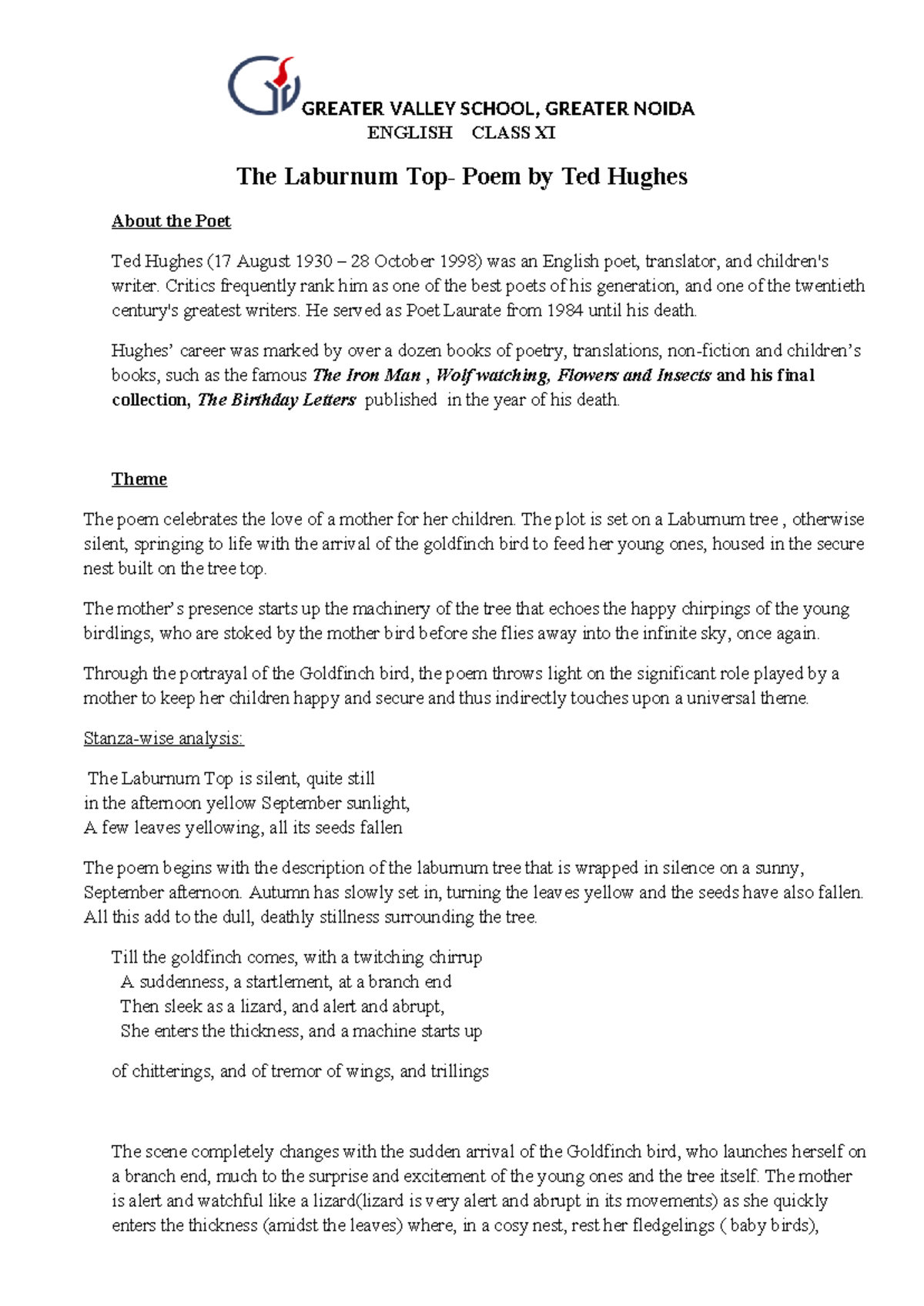 Laburnum Top Poem Analysis & Notes for Class XI (ENG) - Studocu