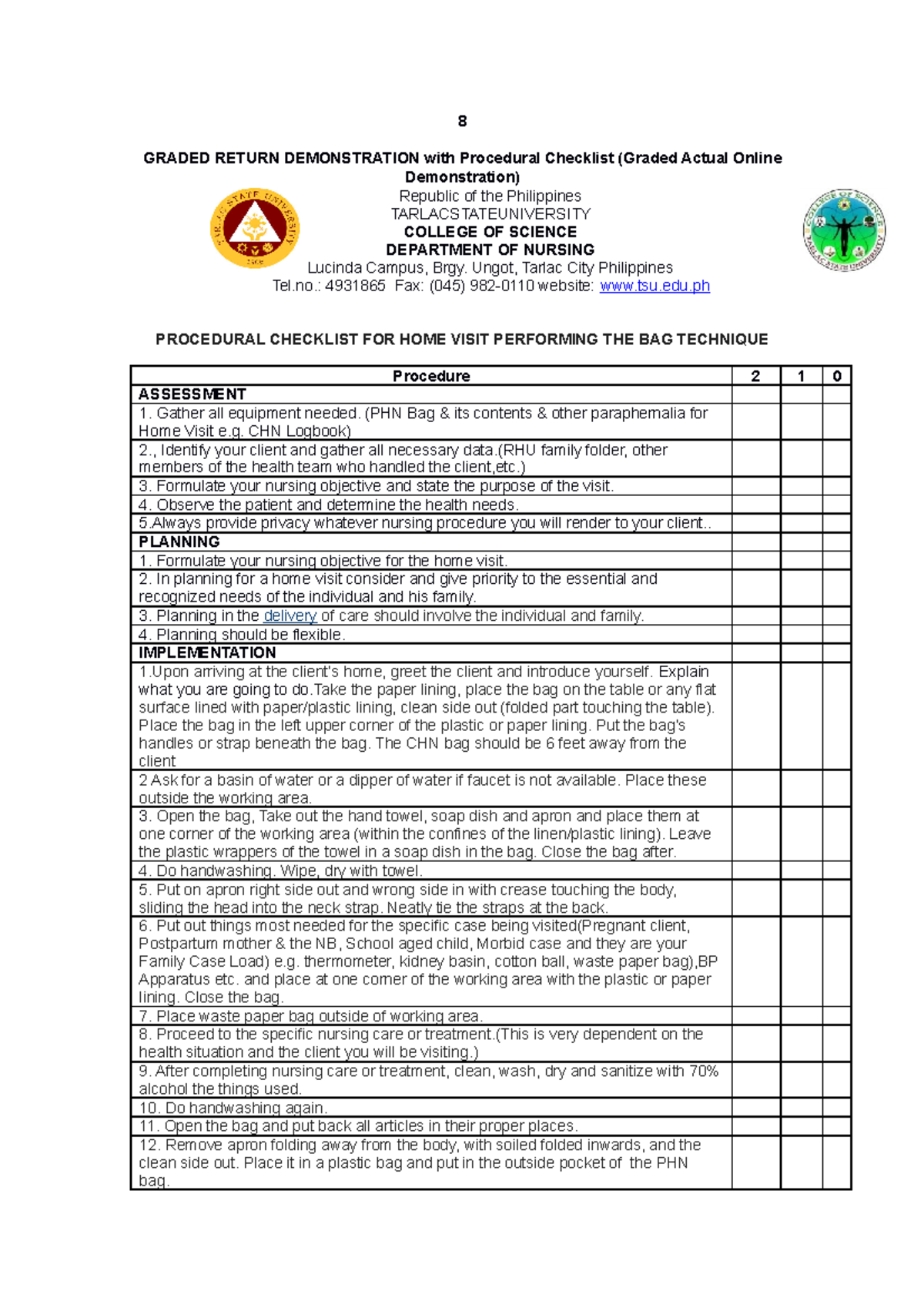 Procedural Checklist for Bag Technique in Home Nursing Visits - Studocu