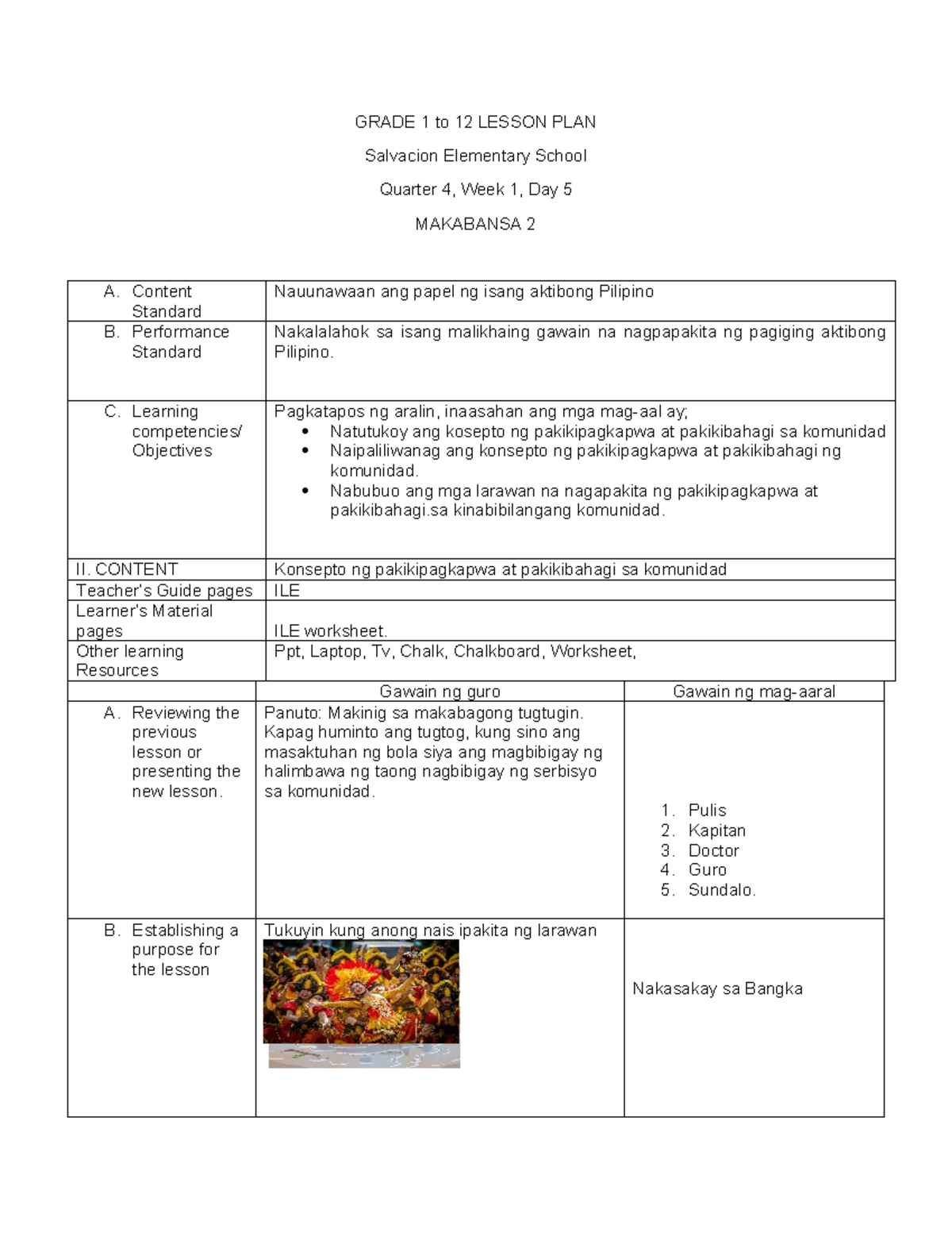 Makabansa 2 Lesson Plan: Week 1, Day 5 Activities - Studocu