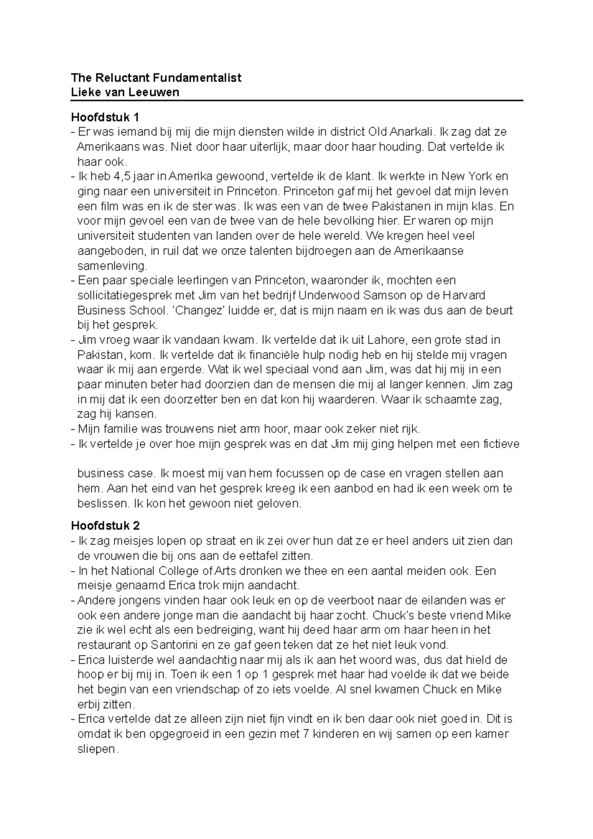 Hoofdstuksoverzicht van "The Reluctant Fundamentalist" (Literatuur 2 ...