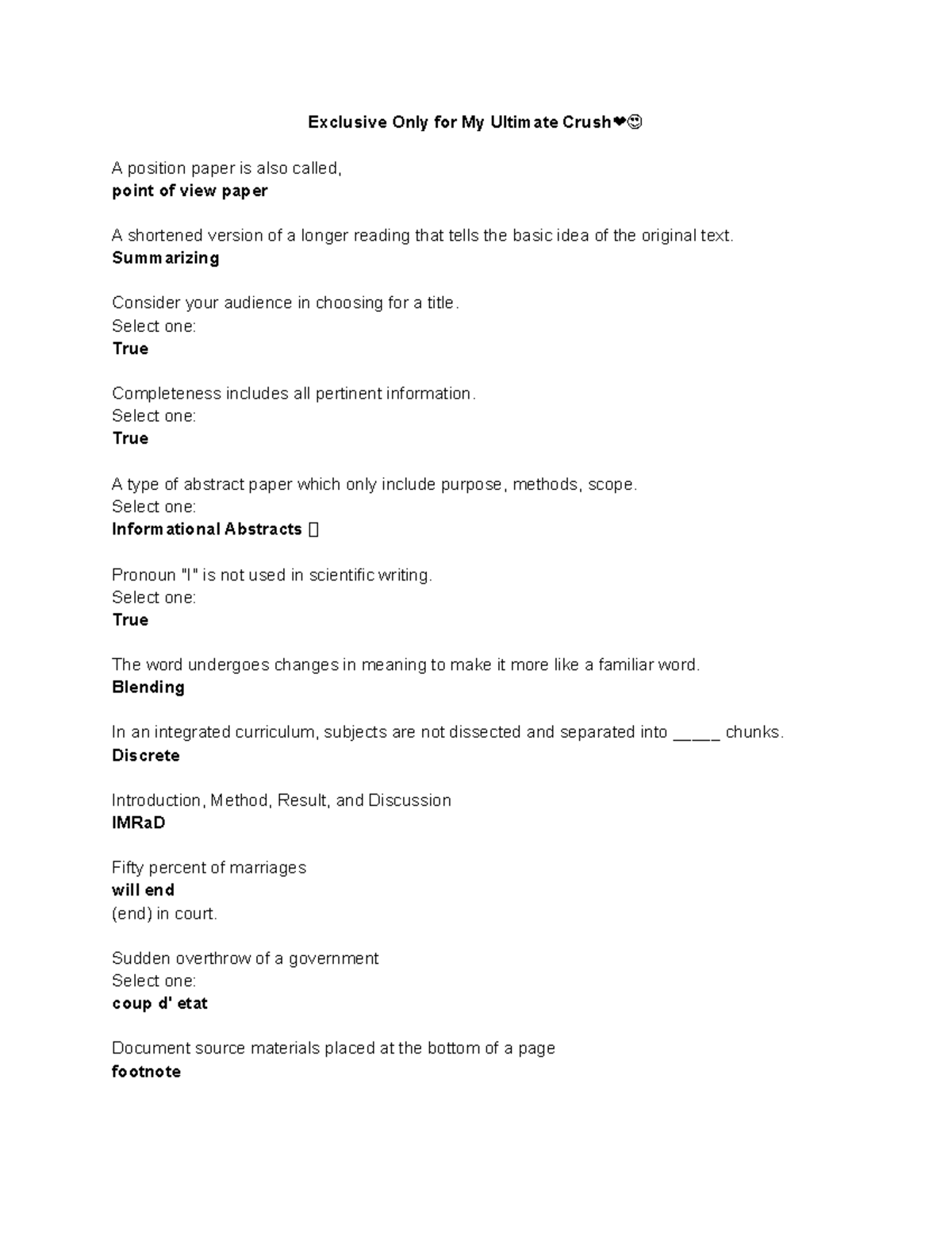 Position Paper Overview for My Ultimate Crush ️ ️ - Studocu
