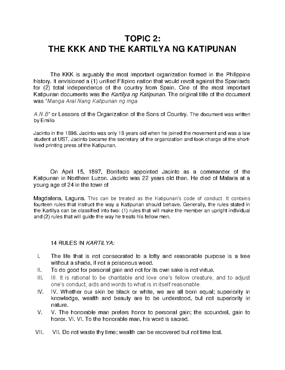 Kartilya ng Katipunan: Key Principles and Historical Significance - Studocu