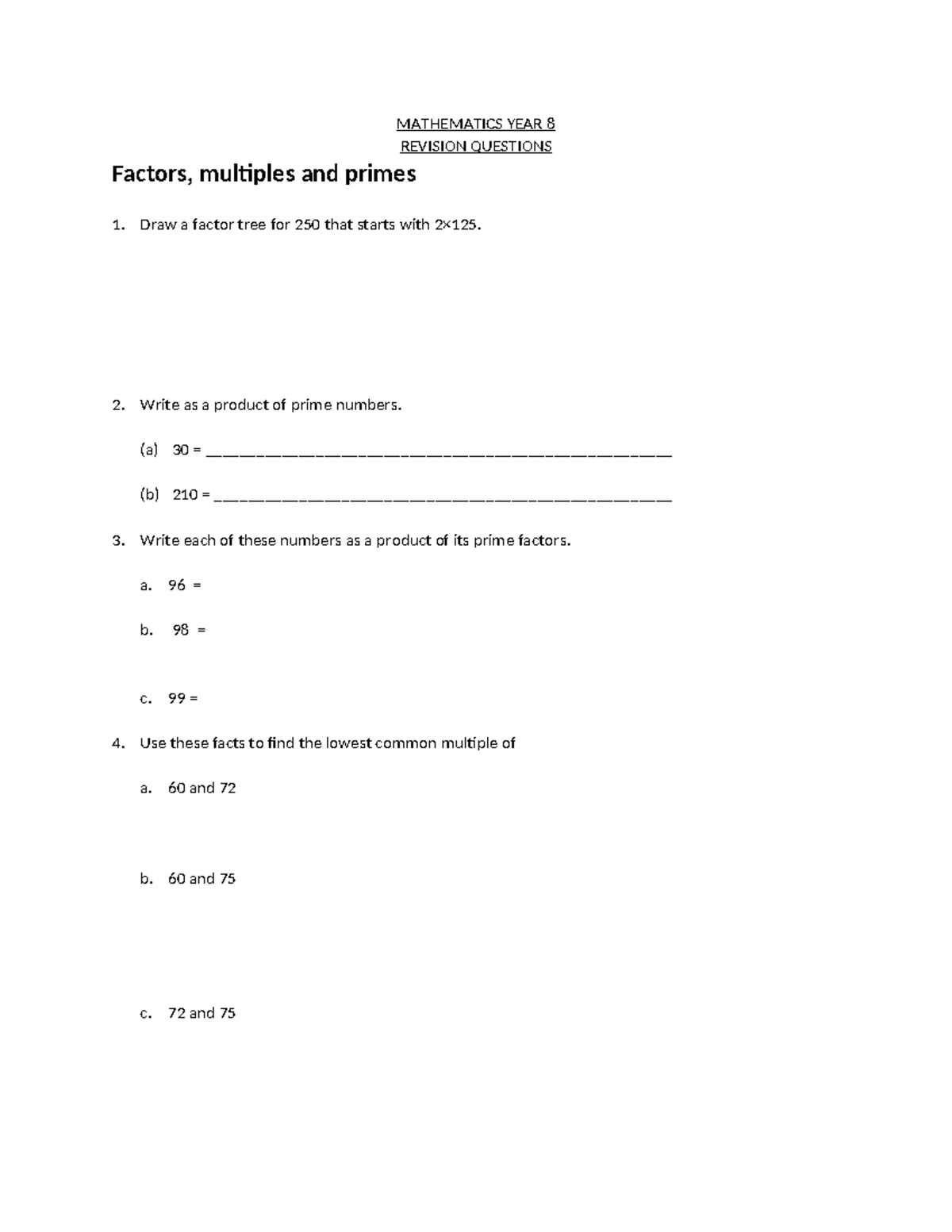 Mathematics Year 8 - Revision Questions & Practice Exercises - Studocu