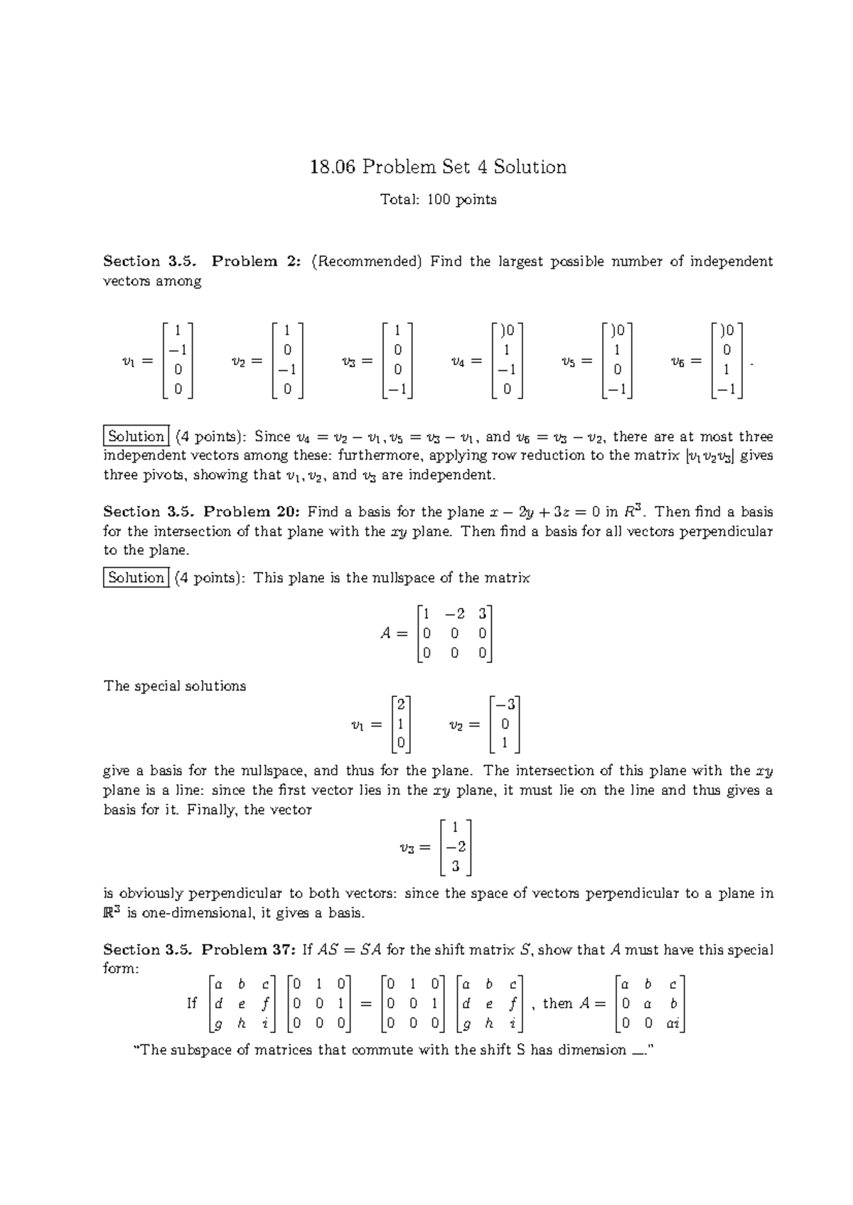 18.06 Problem Set 4 Solutions - Gilbert Strang Linear Algebra - Studocu