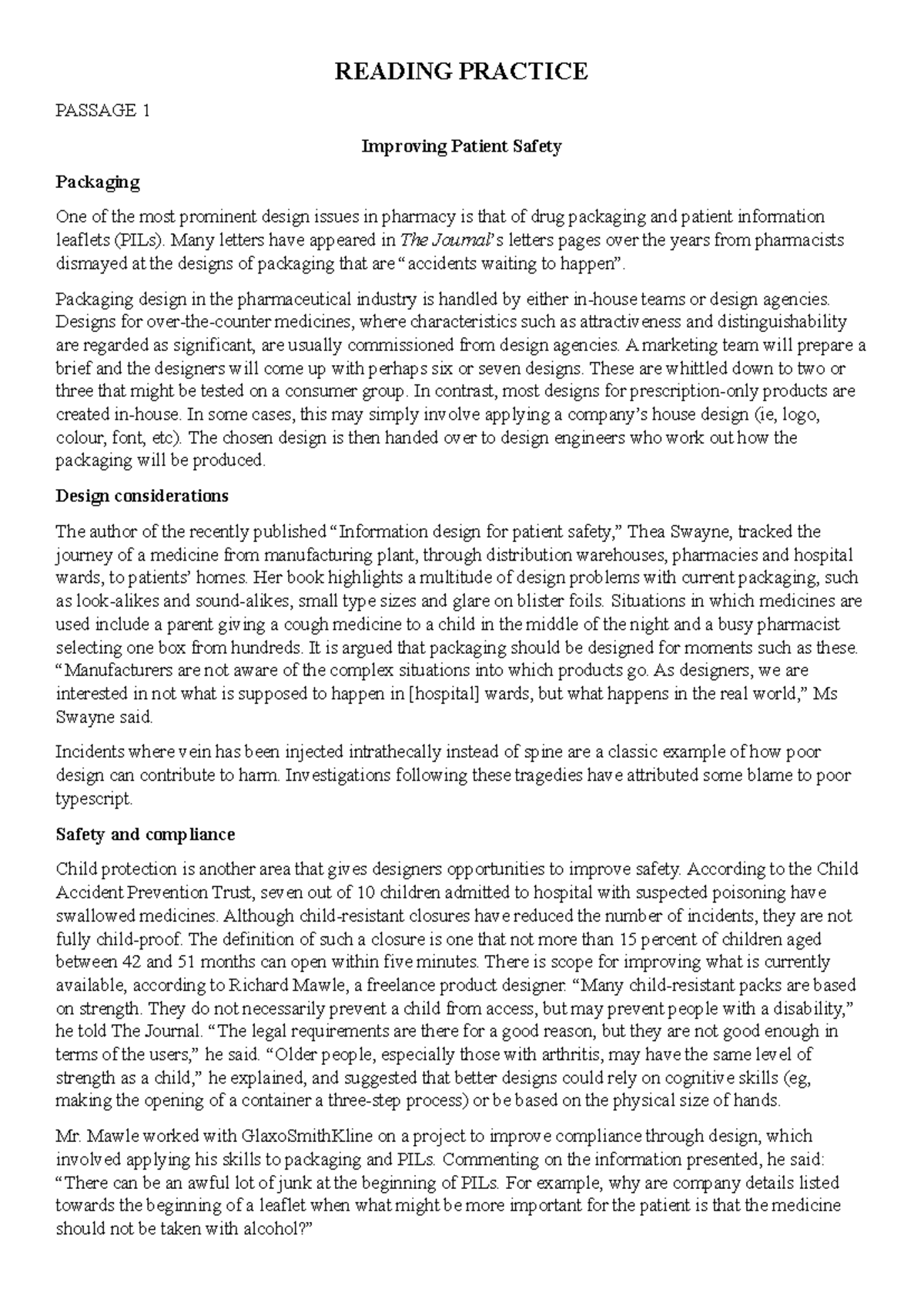 Reading Practice Passage 1 & 2 - Improving Patient Safety & Workplace ...