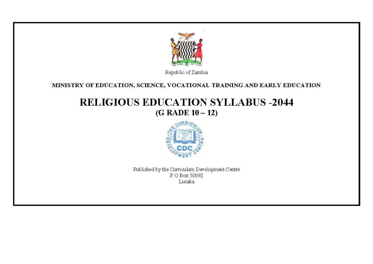 Grade 10-12 Religious Education Syllabus 2044 - Zambia - Studocu
