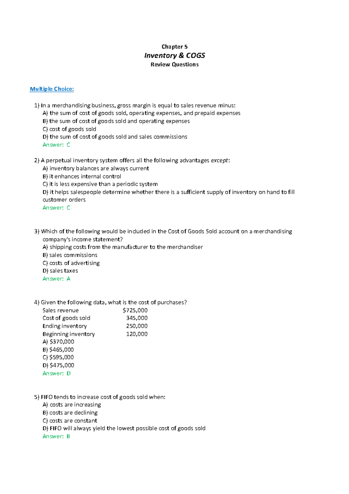 Chapter 5 - Inventory & COGS Review Qs and Answers (Study Guide) - Studocu