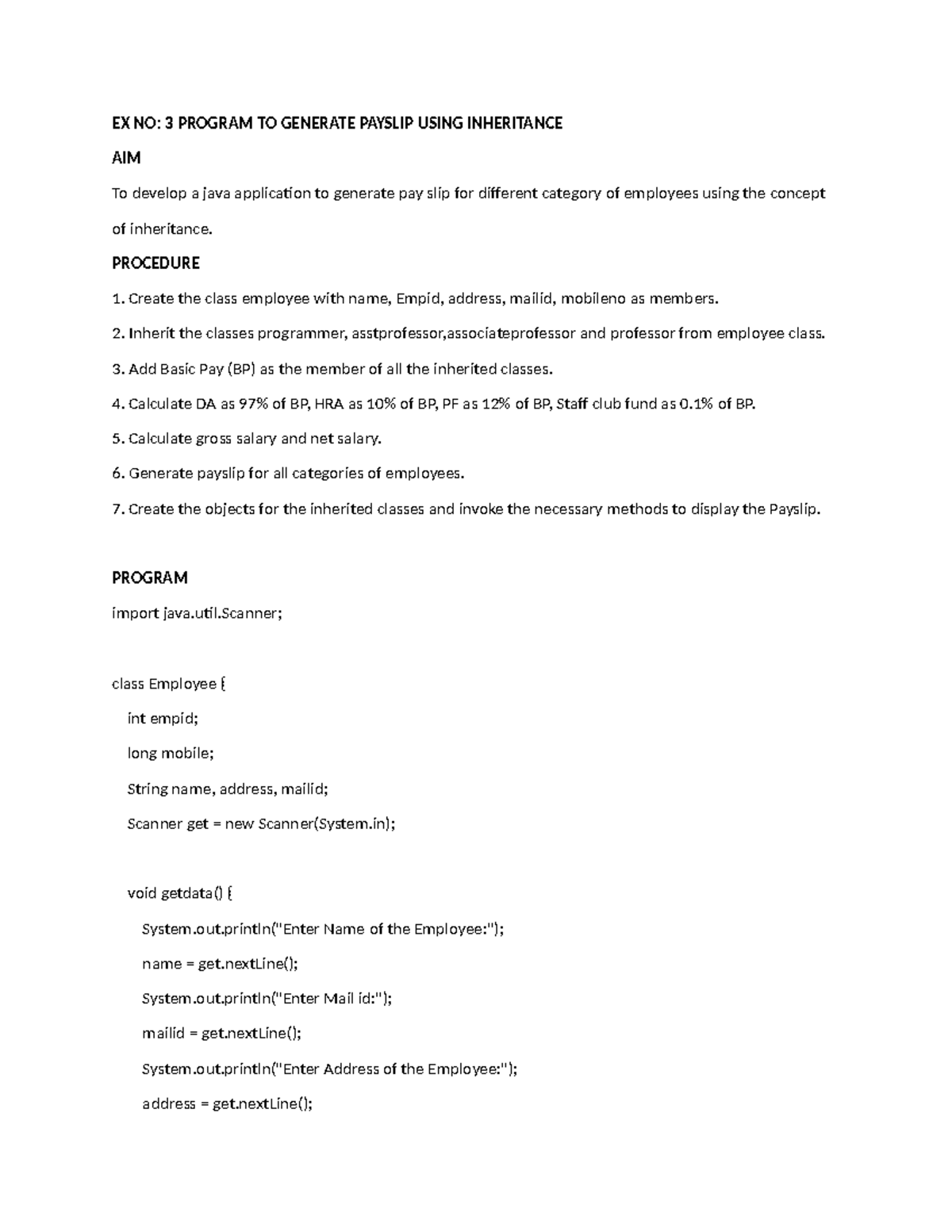 Ex No 3 - Java Payslip Generation Using Inheritance - Studocu