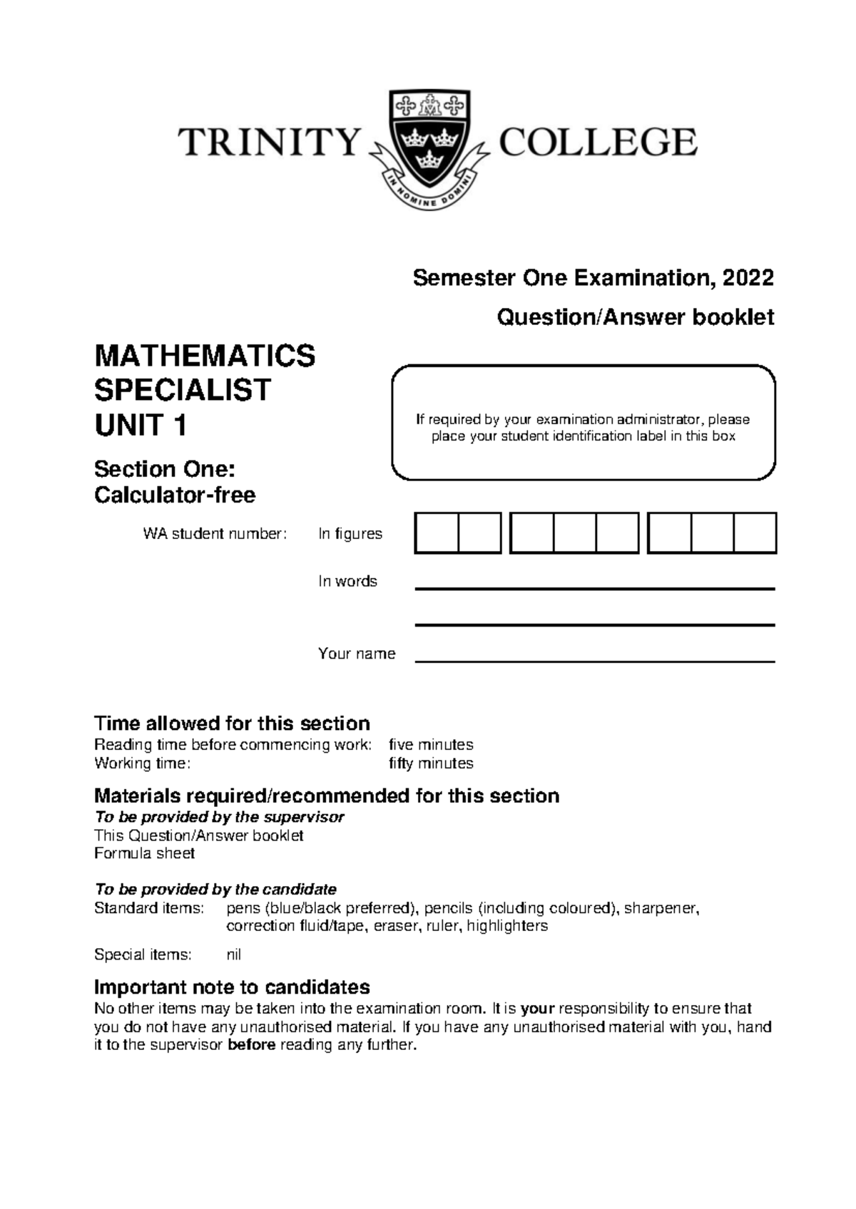 2022 Yr11 Mathematics Specialist Unit 1 Semester One Exam Booklet - Studocu