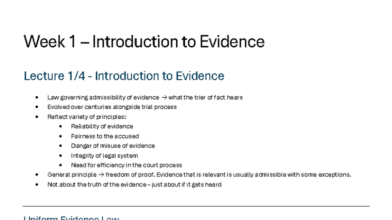 Week 1 Evidence Lecture Notes: Admissibility & Relevance Principles ...