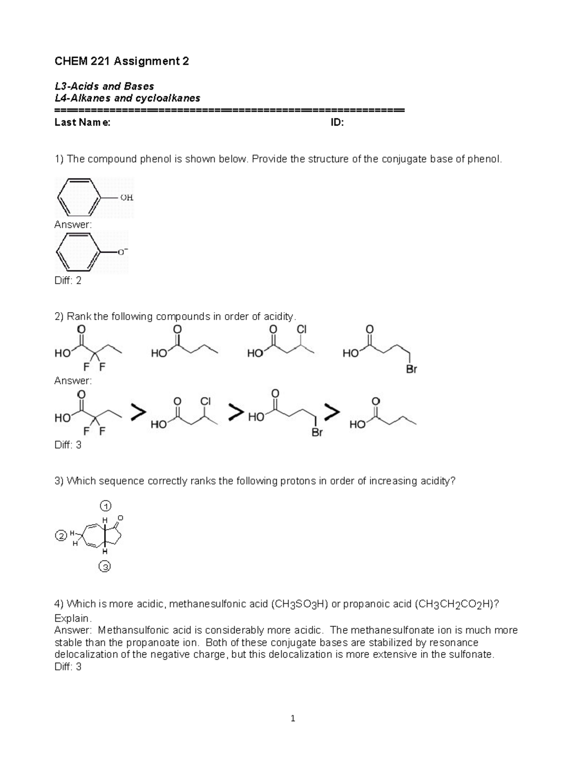 CHEM 221 Assignment 2: Acidity and Basicity of Compounds - Studocu