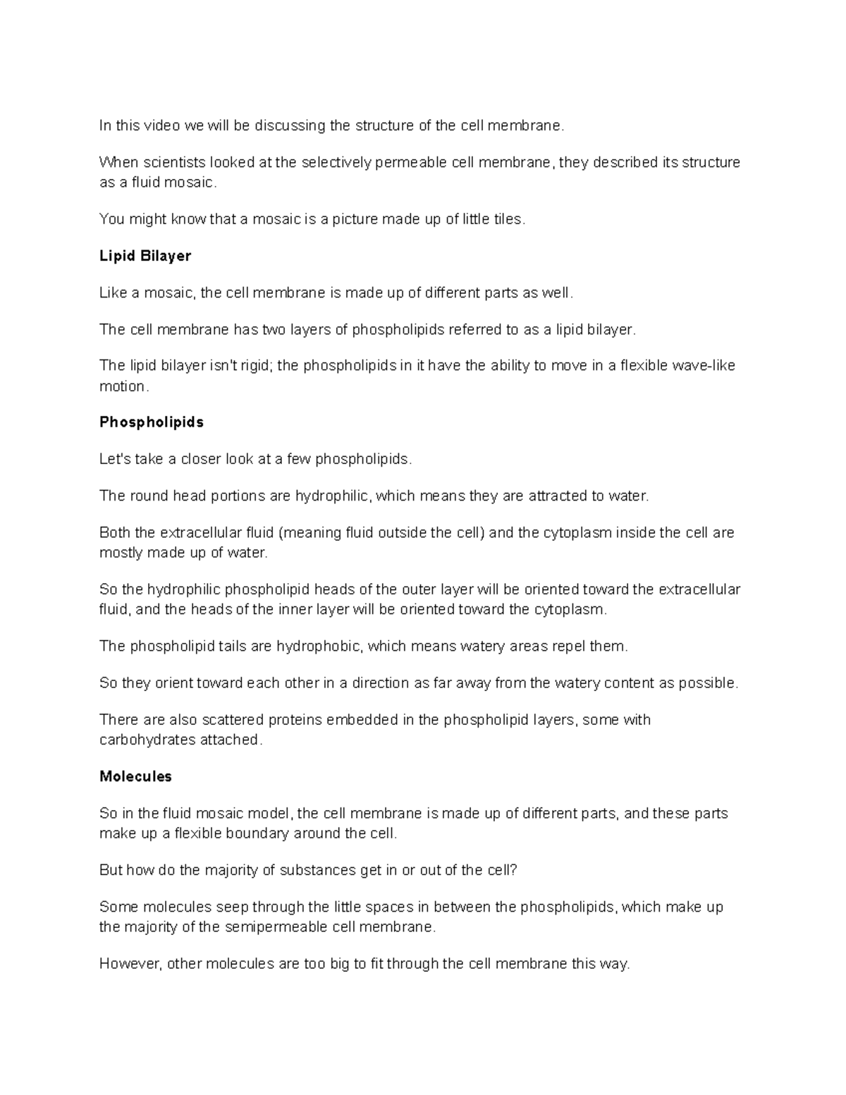Bio 101: Structure of the Cell Membrane - Fluid Mosaic Model - Studocu