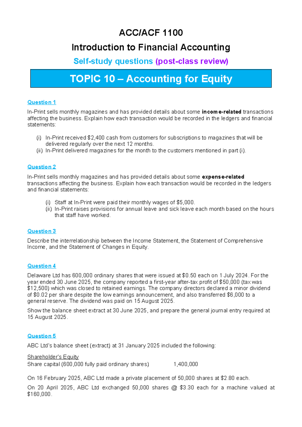 1100 Introduction to Financial Accounting: Week 10 Review Questions ...