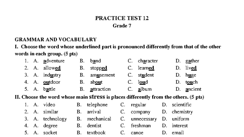 PRACTICE TEST 12 Grade 7: Grammar & Vocabulary Assessment - Studocu