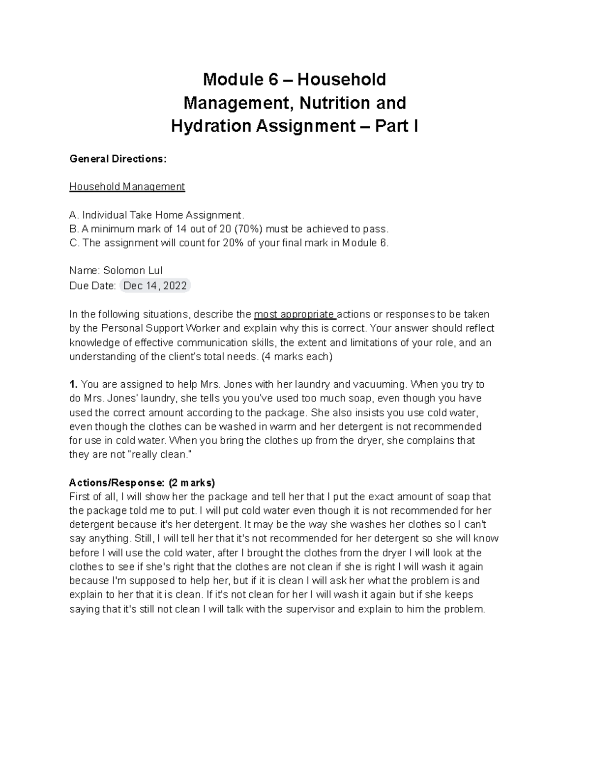Module 6 - HII: Household Management, Nutrition & Hydration Assignment ...