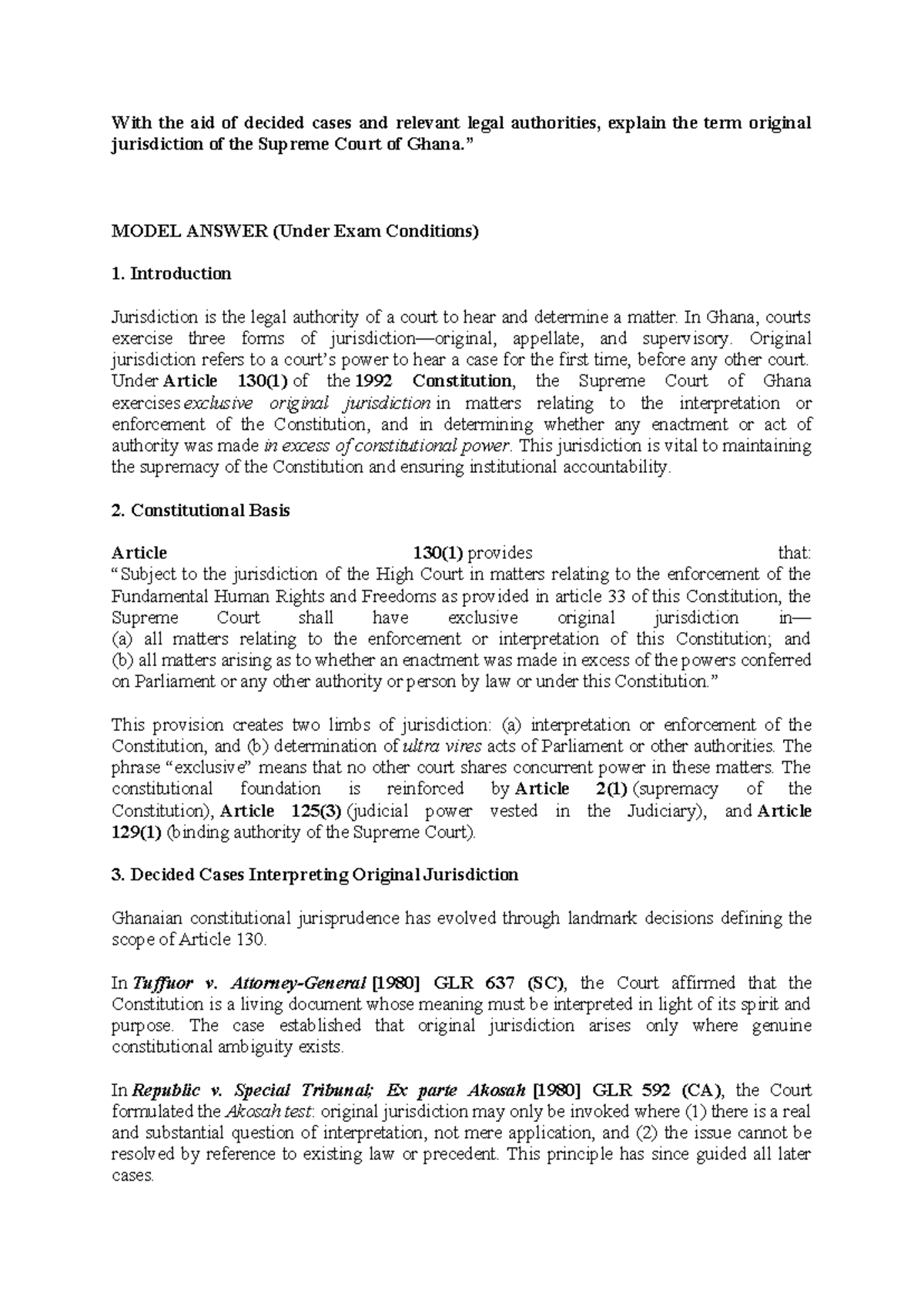 Original Jurisdiction of the Supreme Court of Ghana: A Model Answer ...