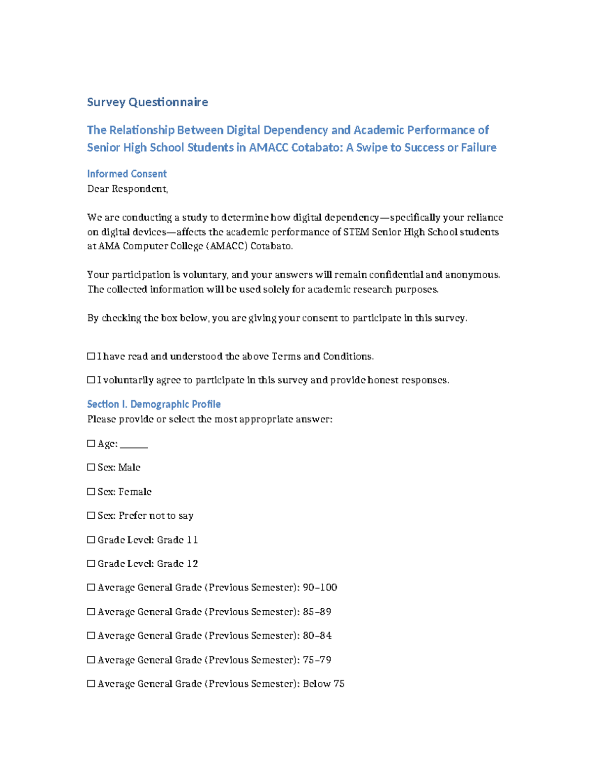 Survey Questionnaire: Digital Dependency & Academic Performance of SHS ...