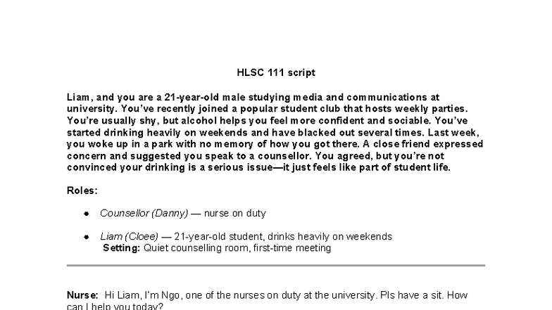 HLSC 111 Essay Script: Liam's Journey with Alcohol and Counseling - Studocu