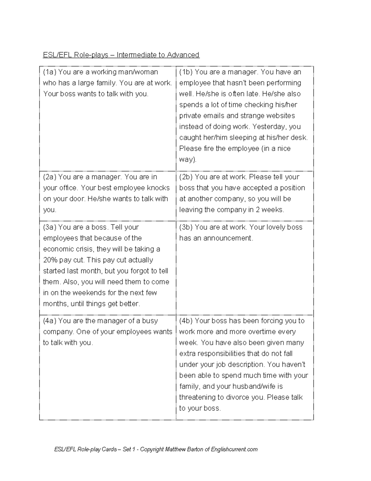 ESL Roleplay Cards: Advanced Intermediate (1) - Studocu