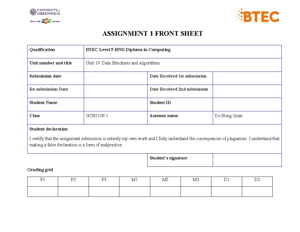 Unit 19: Data Structures & Algorithms - Assignment 1 Frontsheet - Studocu