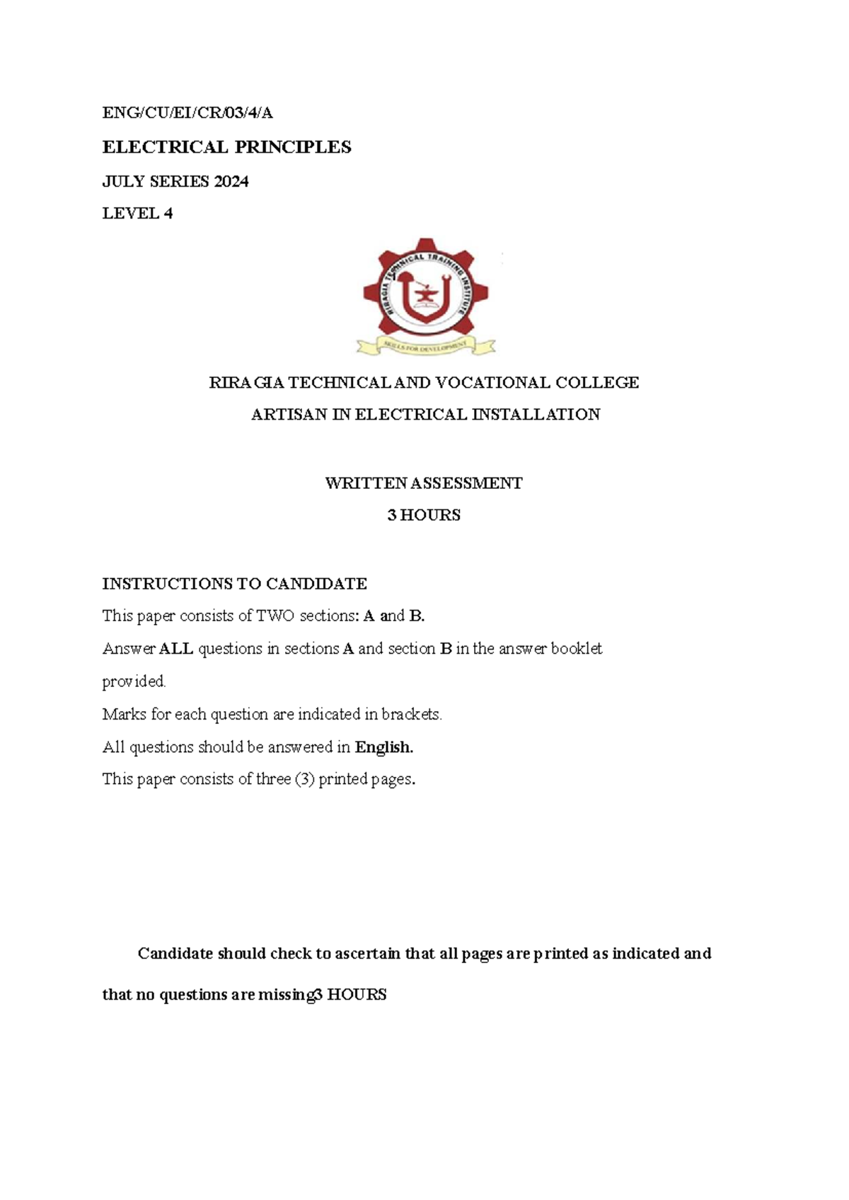 ELECTRICAL PRINCIPLES LEVEL 4 WRITTEN ASSESSMENT JULY 2024 - Studocu