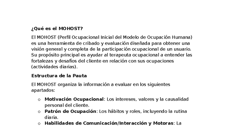 Explicación del MOHOST: Herramienta de Evaluación Ocupacional - Studocu