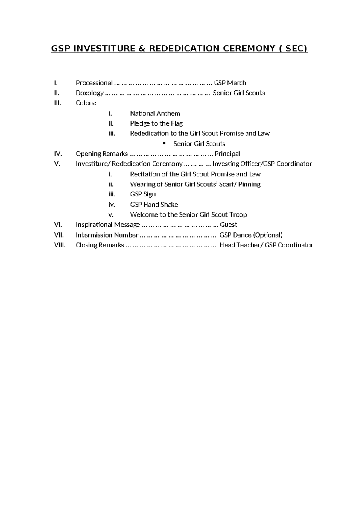 GSP - Senior Girl Scouts Investiture & Rededication Ceremony Script ...