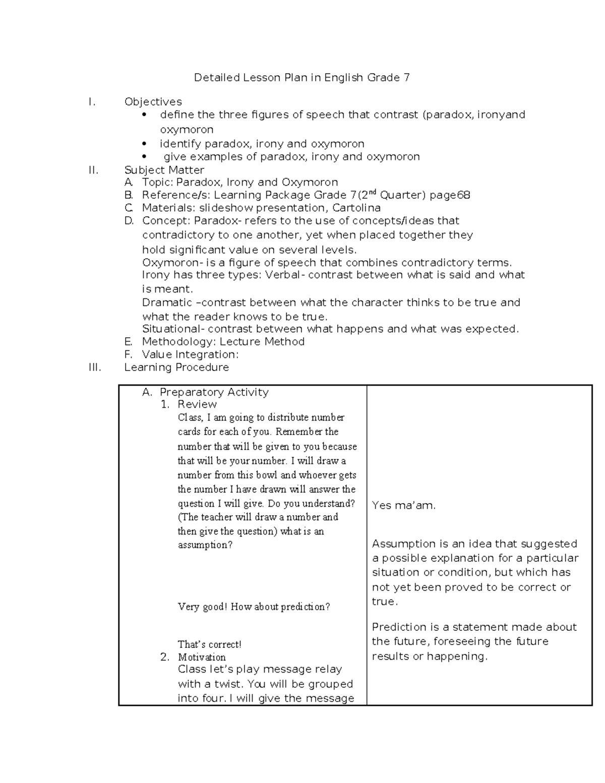 Detailed Lesson Plan on Figures of Speech - ENG 7 - BSBA FIN.MAN - Studocu