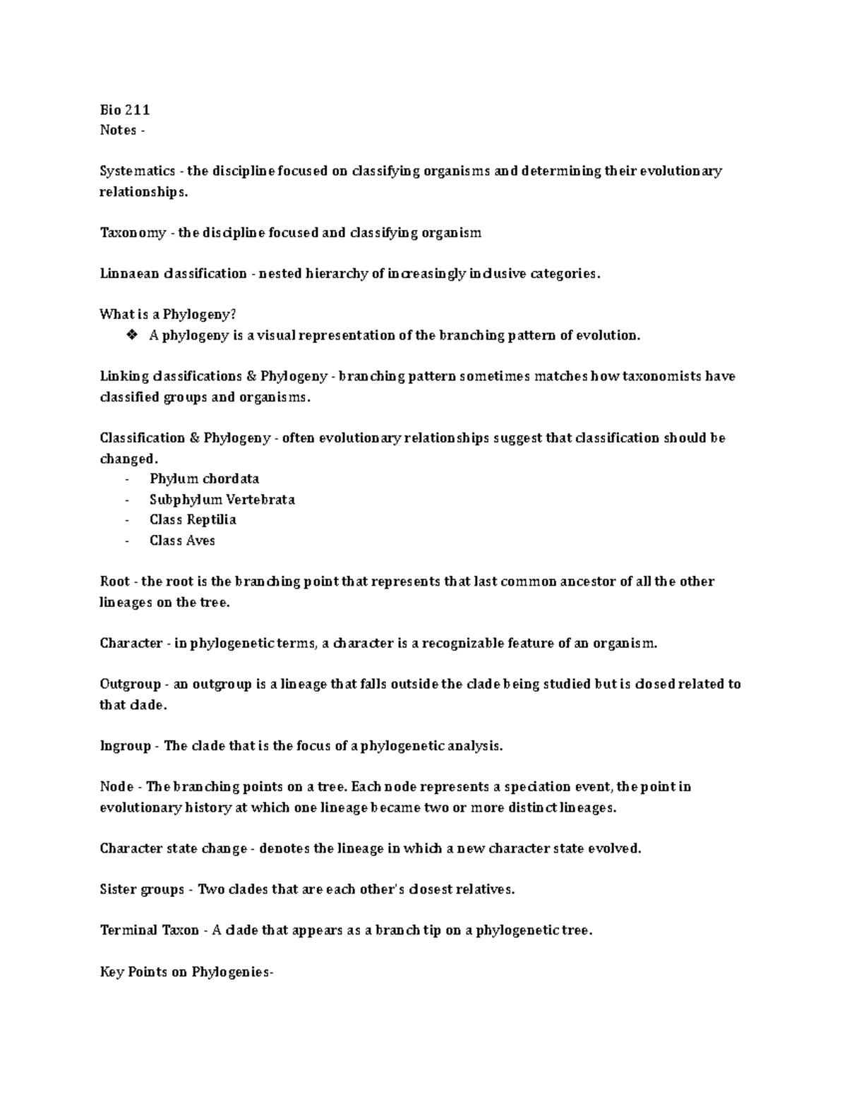 Bio 211 - Systematics & Phylogeny Overview Notes - Studocu