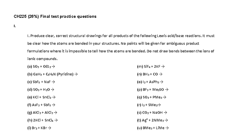 CH225 Final Exam Practice Questions on Lewis Reactions - Studocu