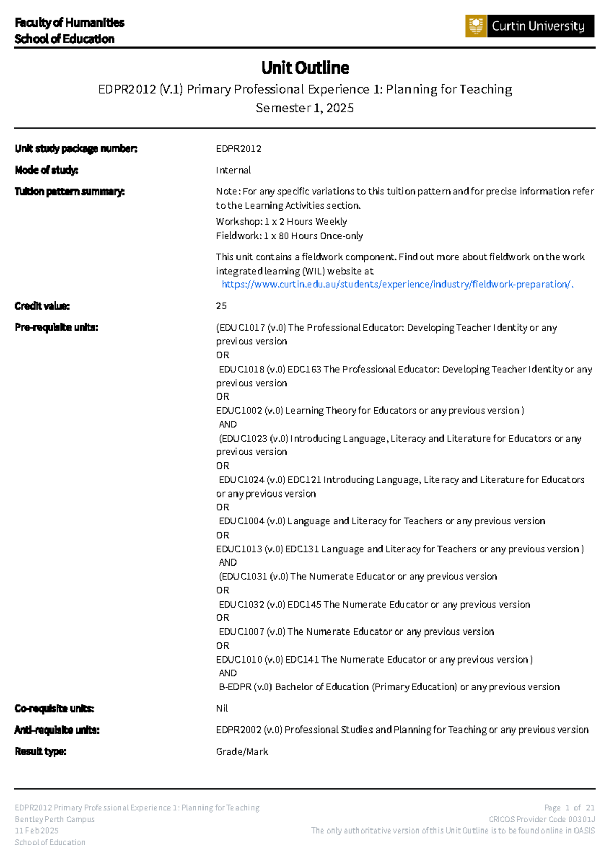 EDPR2012 Unit Outline: Primary Professional Experience 1 - Planning for ...