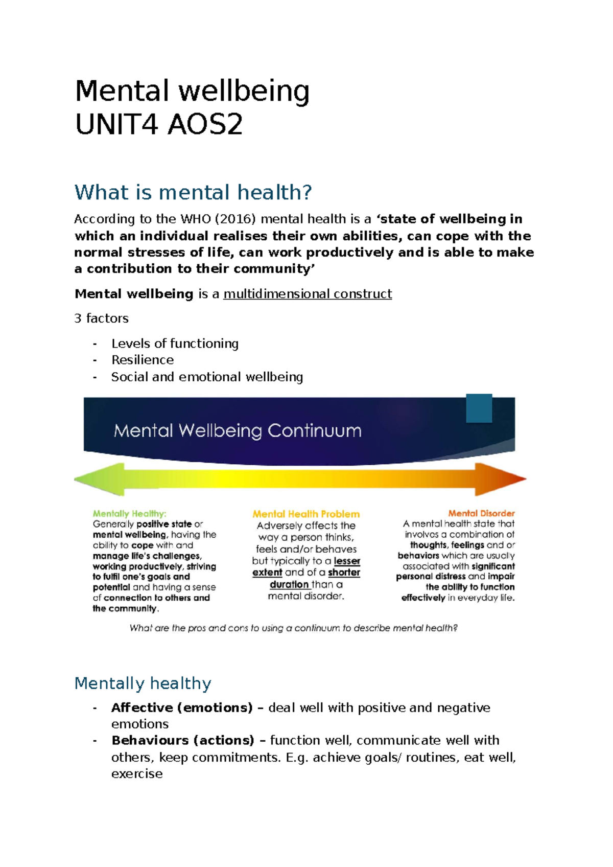 Mental Wellbeing: Understanding Mental Health (UNIT4 AOS2) - Studocu