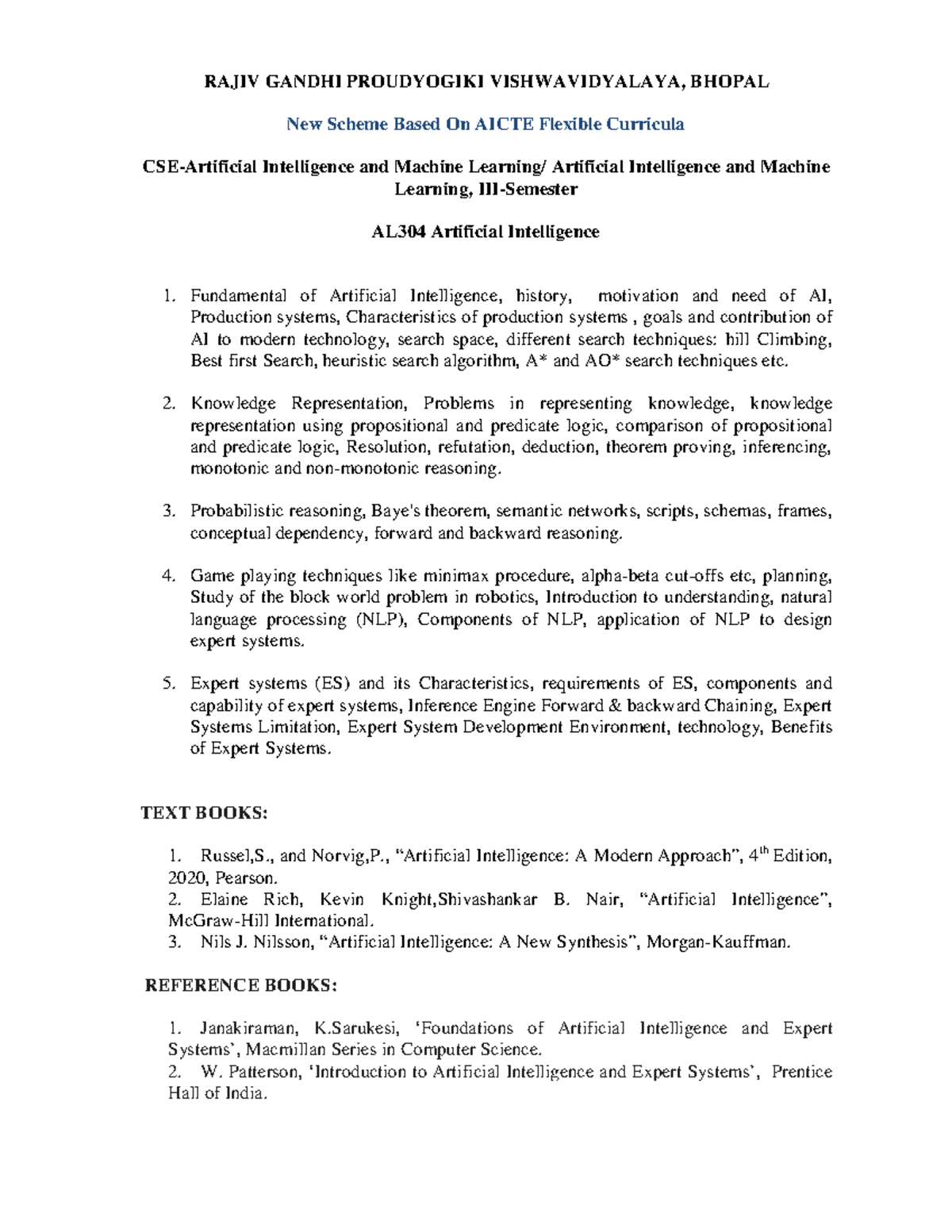 AI304 Syllabus: Fundamentals of Artificial Intelligence and ...