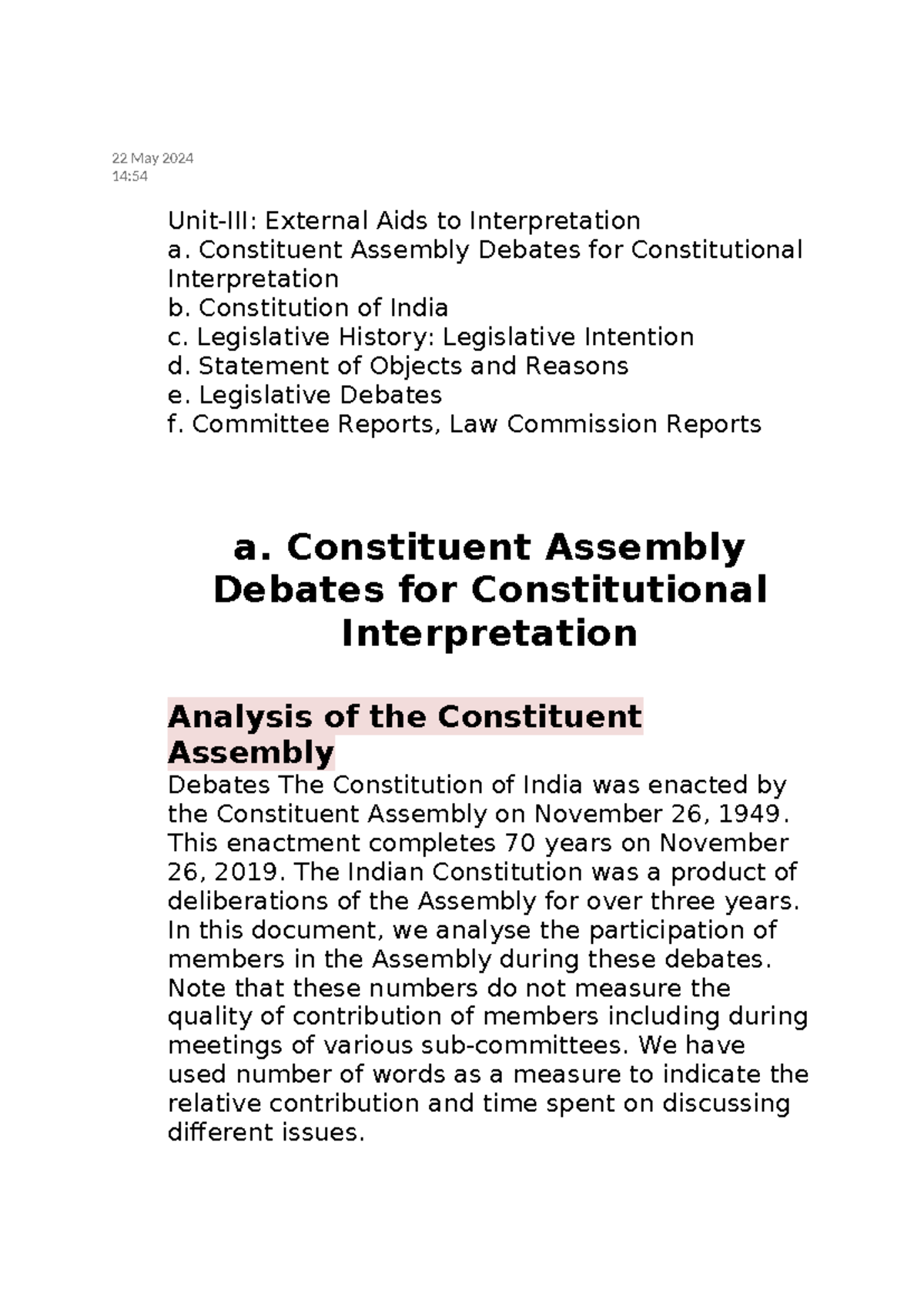 Unit 3: External Aids to Interpretation - Constituent Assembly Debates ...