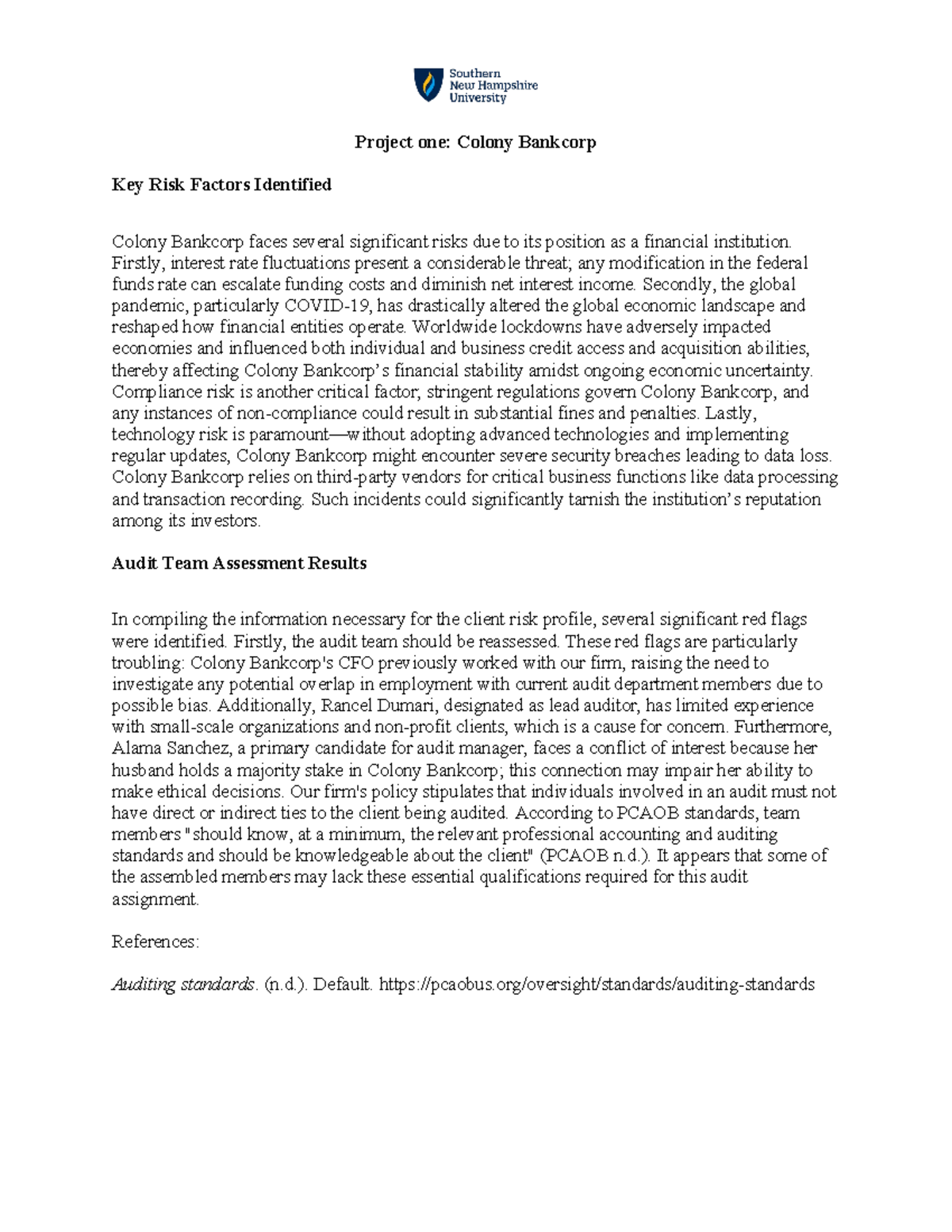 ACC 411 Project One: Colony Bankcorp Client Risk Assessment Report ...