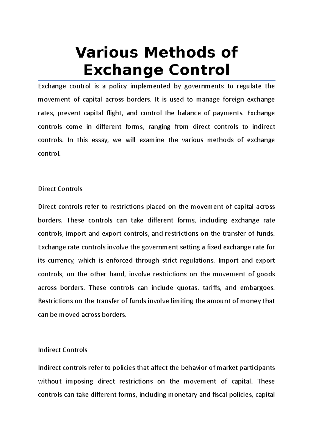 Note on Methods of Exchange Control: Direct & Indirect Approaches - Studocu