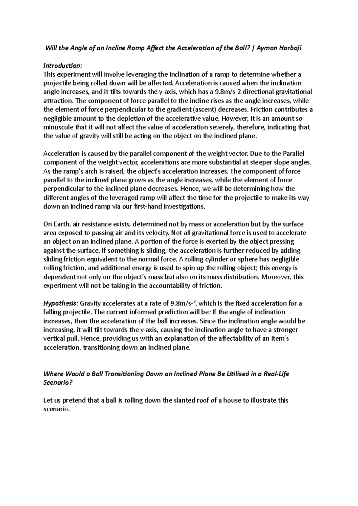 Effect of Ramp Angle on Ball Acceleration: Experiment Findings (R1 ...