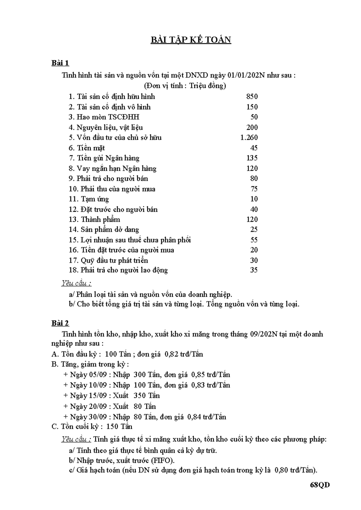BÀI TẬP KẾ TOÁN 68QD: Phân Tích Tài Sản và Nguồn Vốn Doanh Nghiệp - Studocu