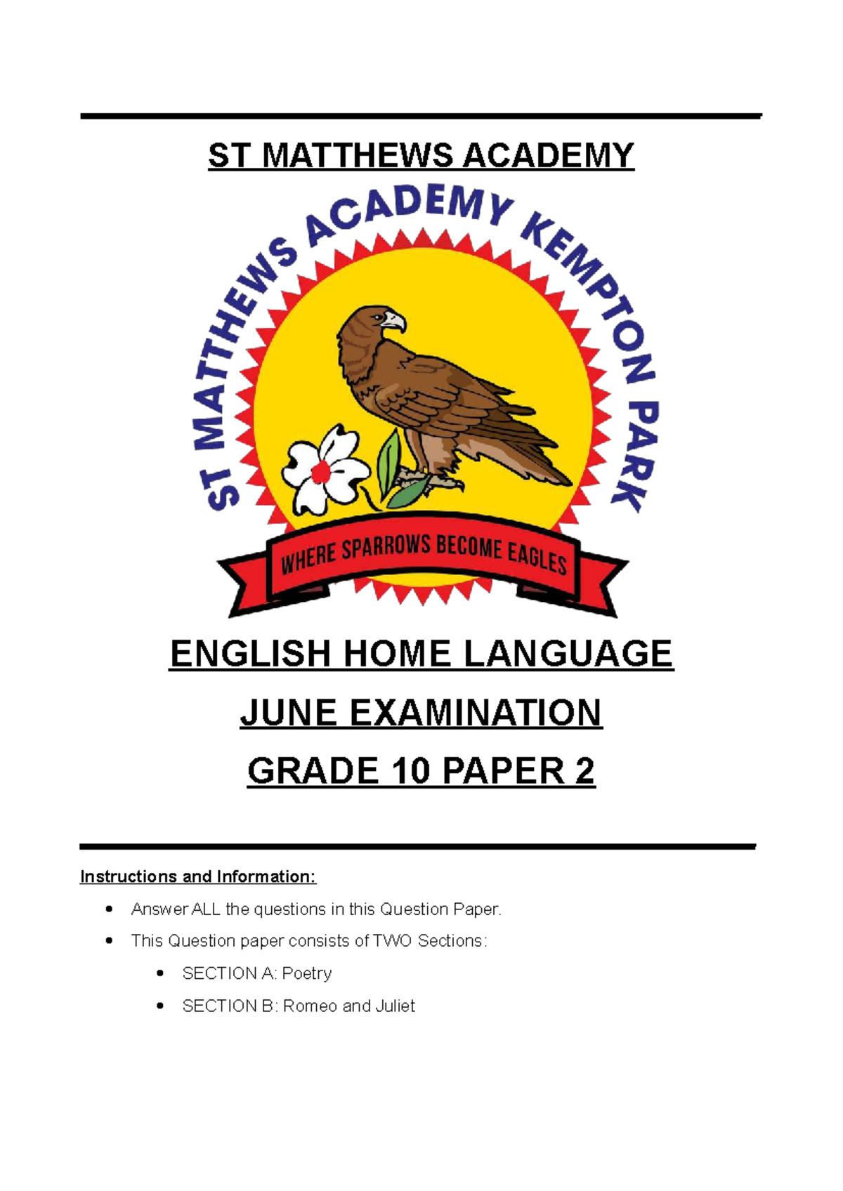 English HL Gr 10 - June Exam Paper 2: Poetry & Romeo and Juliet - Studocu