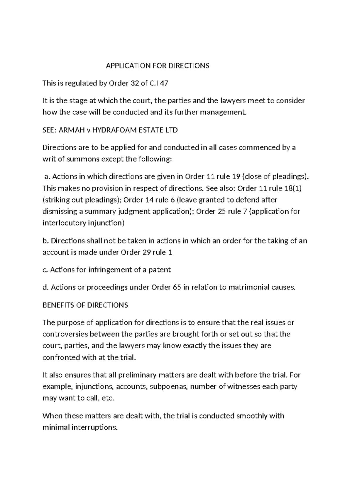 Application for Directions: Notable Points and Rules Overview - Studocu