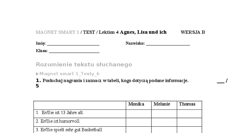 Magnet smart 1Test 4 wersja B - MAGNET SMART 1 / TEST / Lektion 4 Agnes ...