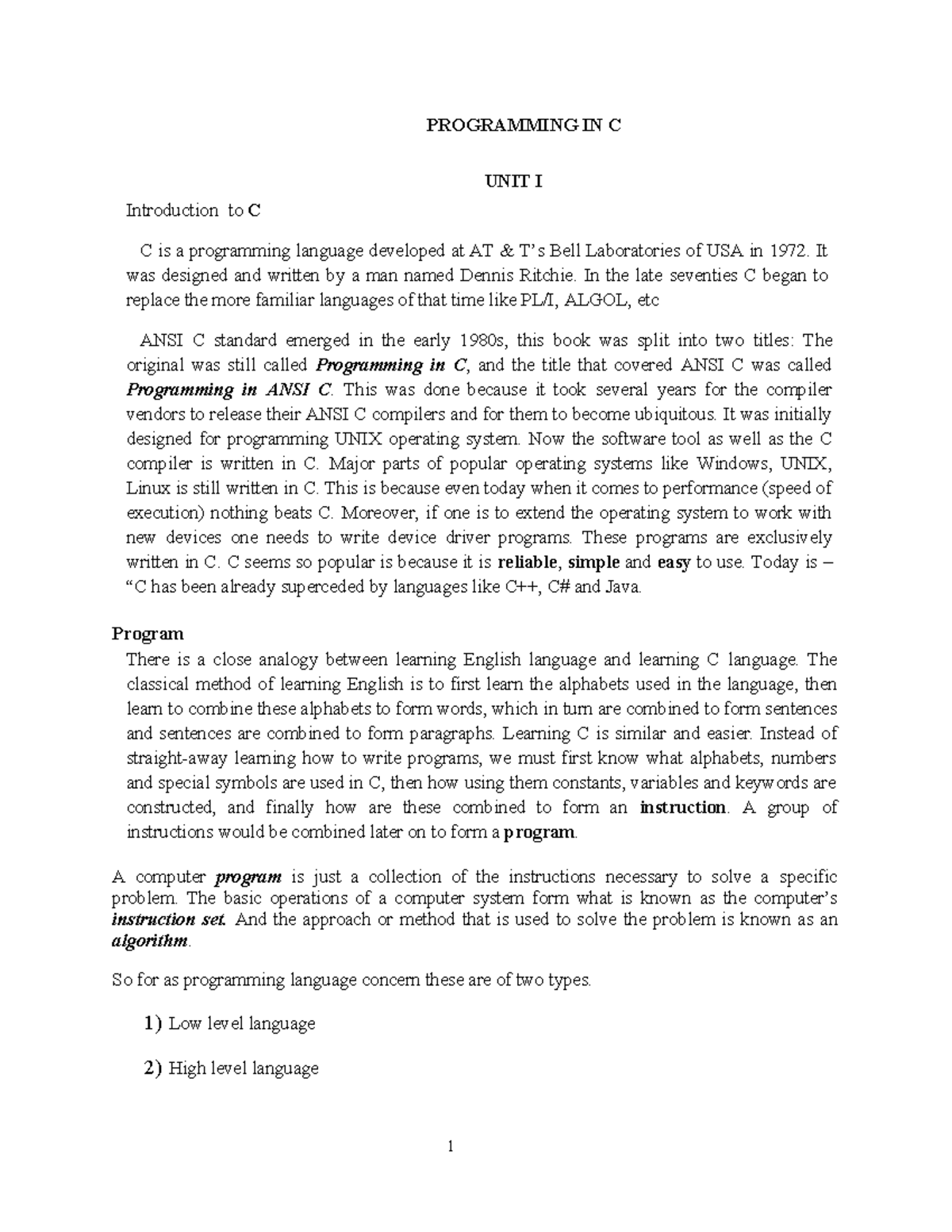 C Programming Lecture Notes - Course Code: C101 - Studocu