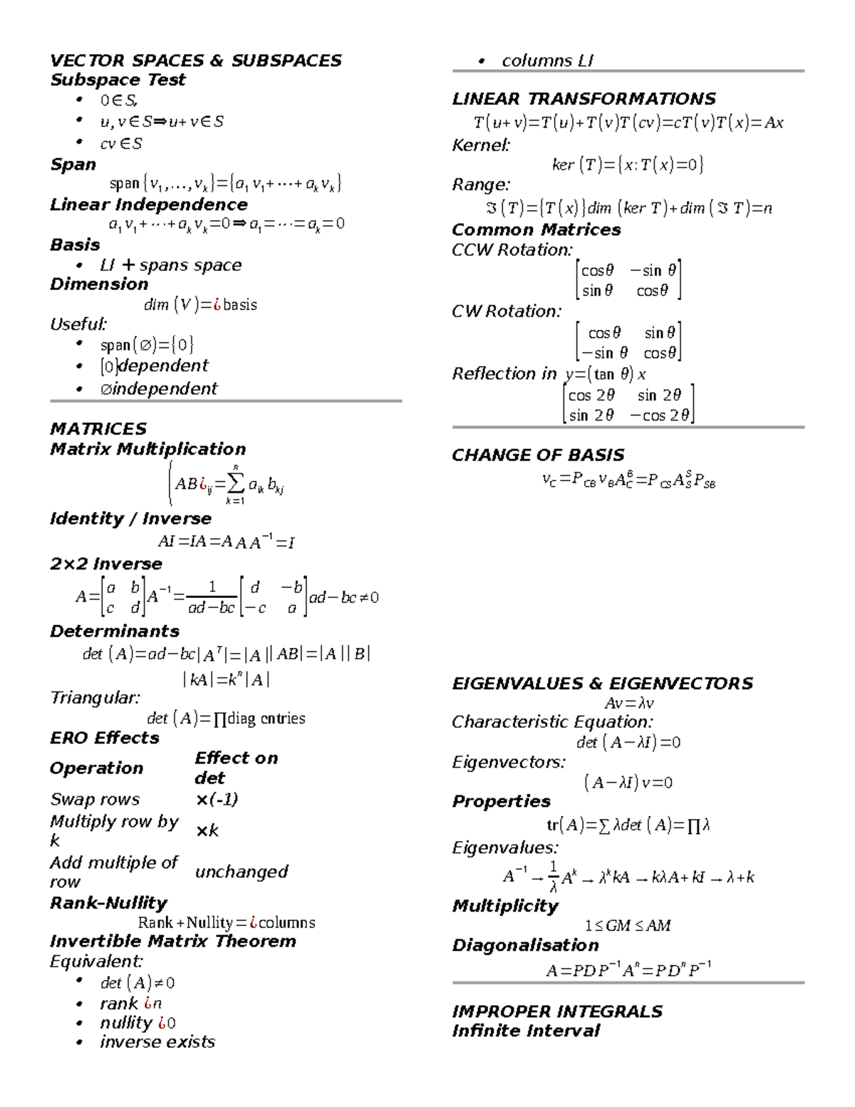 Math1012 Final Exam Two-Page Formula Sheet on Vector Spaces & More ...