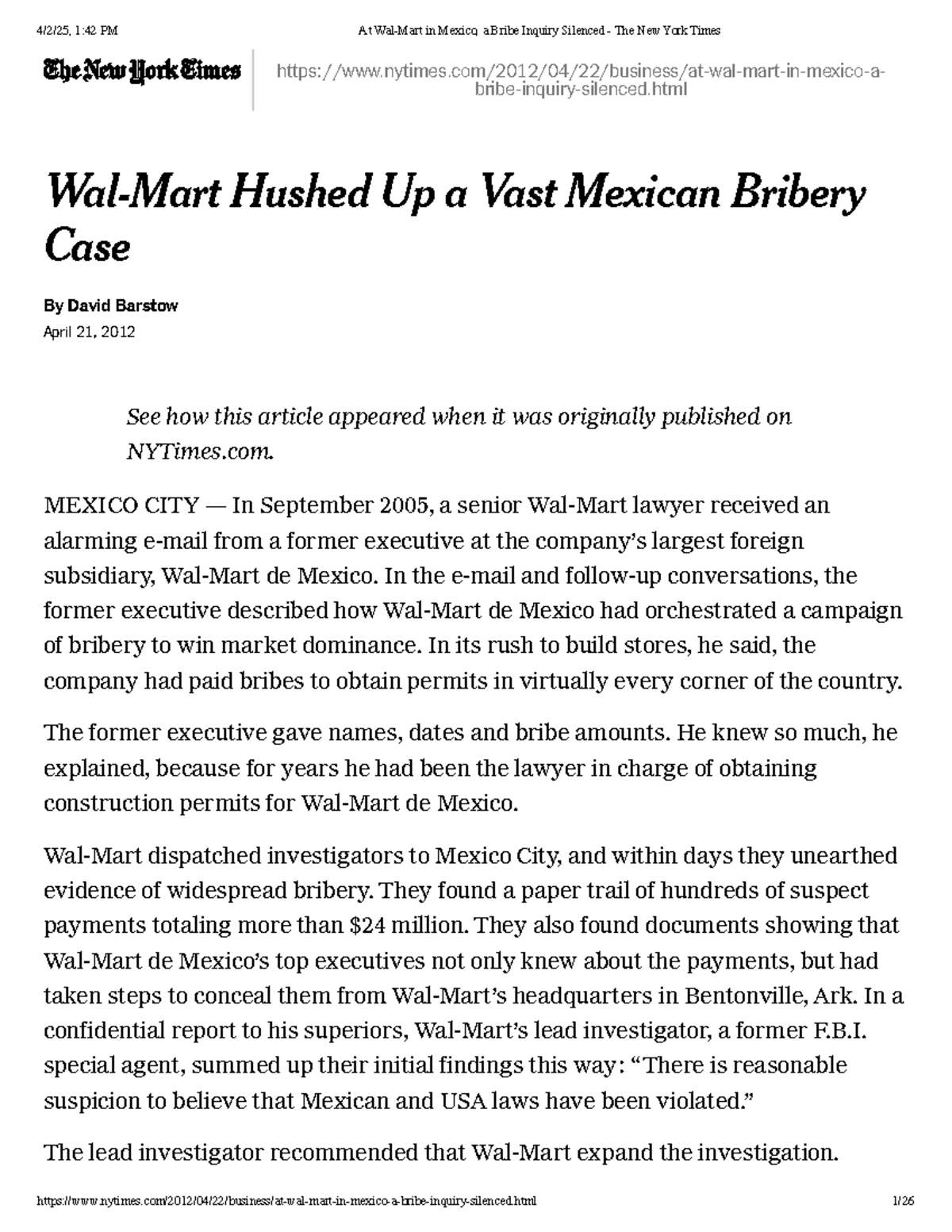 Wal-Mart's bribery scandal in Mexico: a case study on corruption and ...