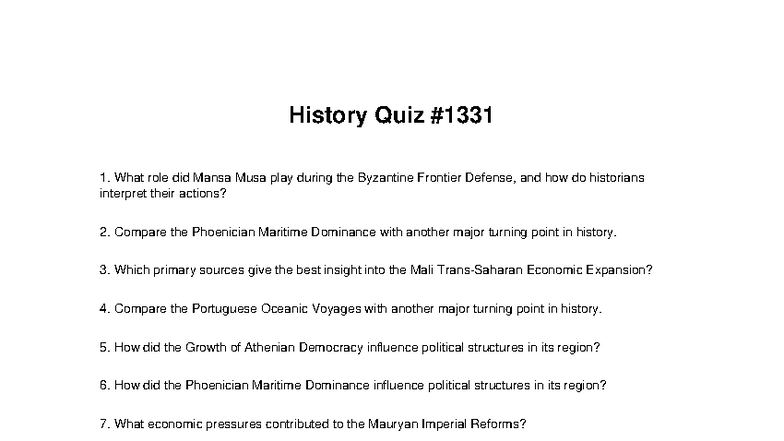 History Quiz 1331: Key Questions on Historical Events and Figures - Studocu