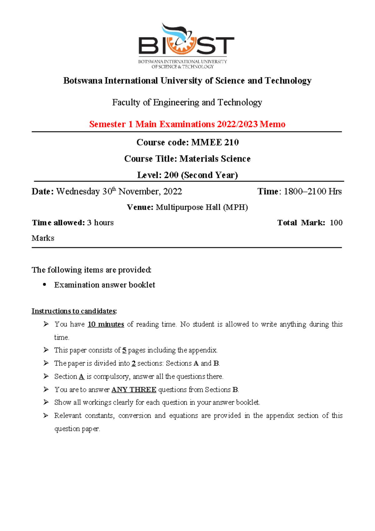 MMEE 210 2022-23 Main Exam Memo on Materials Science - Studocu