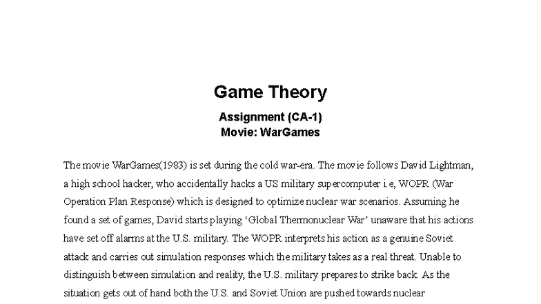 Game Theory Assignment: Analyzing WarGames (1983) and the Game of ...